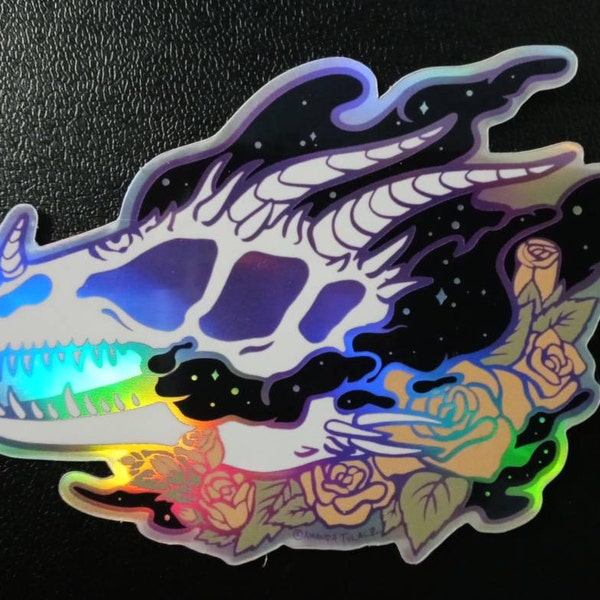 Holographic Sticker "aether" - Dragon Skull, Dragon Art, Space Sticker ...