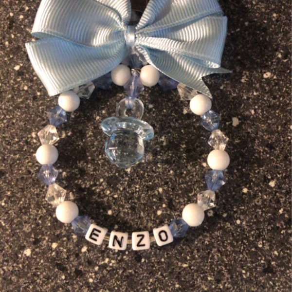 Personalised Pram Charm Clip, Dummy Blue White Boy New Baby Shower Gift ...