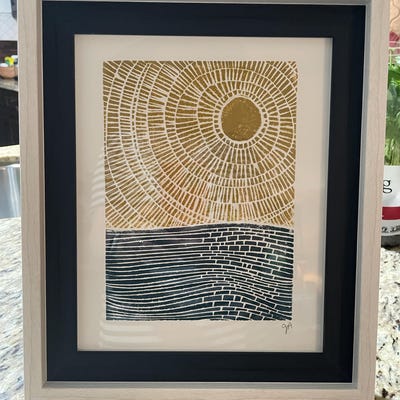 Sunset on the Ocean Hand-pressed Linocut Print 8x10 Minimal Textured Poster Metallic Gold Bronze ...