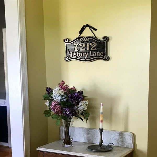 Wood Address Sign Antique Brass Finished Victorian Sign Double Scroll ...
