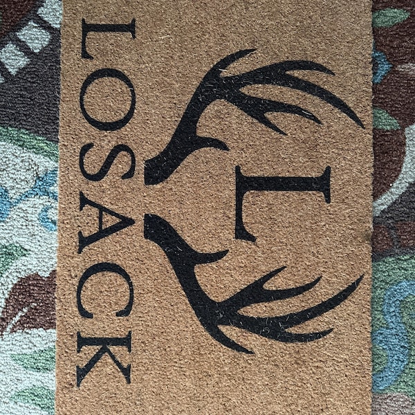 Initial R Monogram Antler Personalized Doormat, Custom Front Porch ...