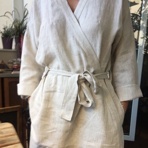 Washed Linen Bath Robe, Natural Linen Kimono Robe, Stonewashed Linen ...
