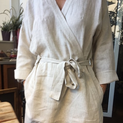Washed Linen Bath Robe, Natural Linen Kimono Robe, Stonewashed Linen ...