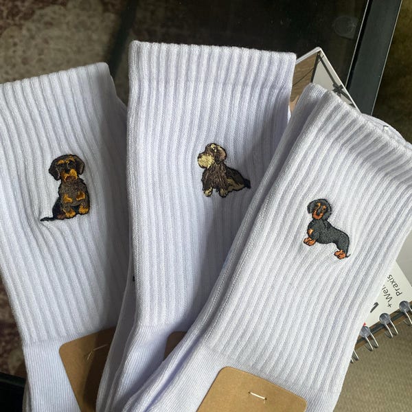 Funny Socks Women & Men • Sausage Dog Socks • Embroidered Socks • White ...