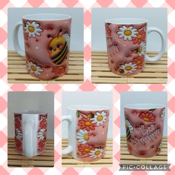 3D Beeing Happy Inflated Bee Mug Wrap, 3D Puffy Honeycomb Bee Mug Wrap ...