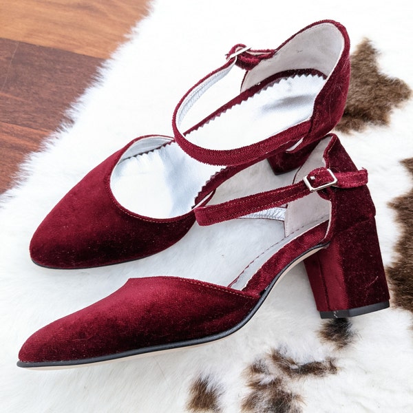 Dark Red Velvet Block Heels, Red Ladies Shoes, Red Heels, Dark Red ...