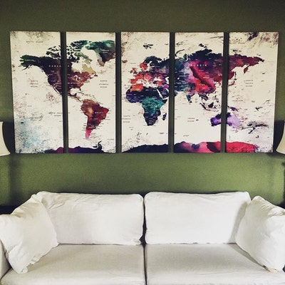 Multi Panel World Map Wall Art Watercolor World Map World Map Art Print ...