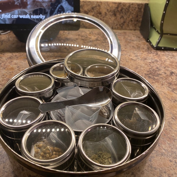 Stainless Steel Indian Spice Box, Steel Masala Dabba 12 Spices, Lid ...