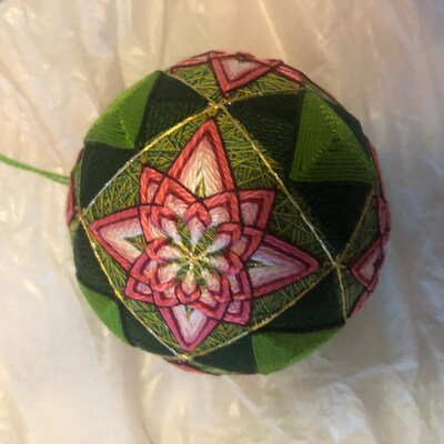 Japanese Temari Ball Handmade 4 Red Kiko Flowers on Black 5 Inch ...
