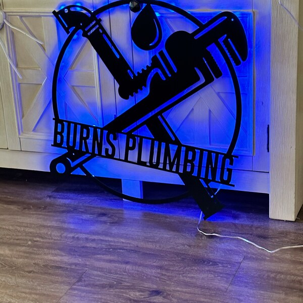 Custom Plumbing Metal Wall Art LED Light Personalized Plumber Name Sign ...