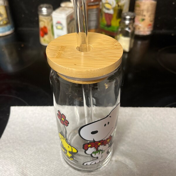 Peanuts Snoopy Glass Cup Personalized Snoopy Glass Can Iced Coffee ...