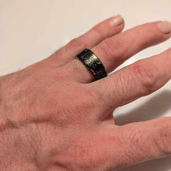 Polished Copper Chopped Carbon Fiber Lined With Damascus Steel. Forged Carbon Fiber. Men's Black ...