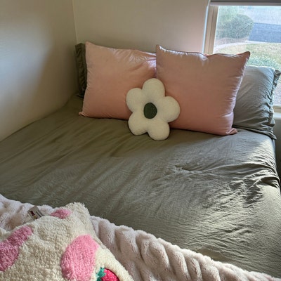 Green and White Daisy Flower Shaped Cushion Made With a Textured Boucle ...