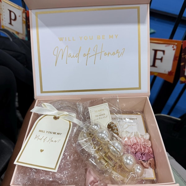 Bridesmaid Proposal Box: Personalized Glass, Hair Accessories Gift Set ...