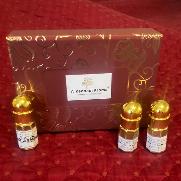 Saffron Attar Perfume Oil Gift Set: Kashmiri, Kesar Chandan, Oud ...