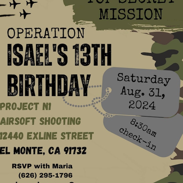 Military Theme Birthday Invitation, Camo Invite, Army Theme Invitation ...