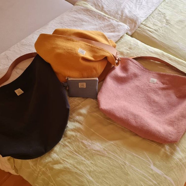 Pink Linen Hobo Handbag. Comfy Shoulder Bag for Woman. Large Purse of ...