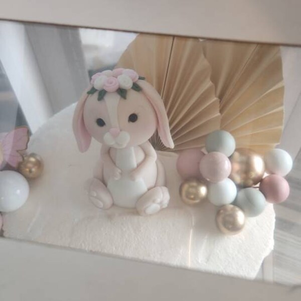 Fondant Lt. Beige Bunny With Floral Crown Cake Topper 1st Birthday Baby ...
