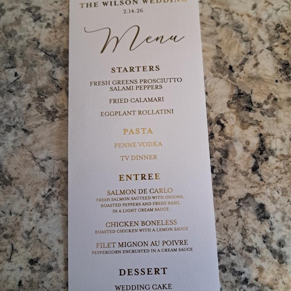 NEW! Printed Gold Foil Dinner Menu Cards, Printed Shiny Wedding Gold ...