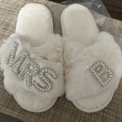 Faux Fur Mrs Slippers With Hearbridal Slipperscustomized Slipperspearl ...