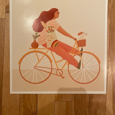 Woman Riding A Bike Illustration Art Print, Bicycle Wall Art, Cycling ...