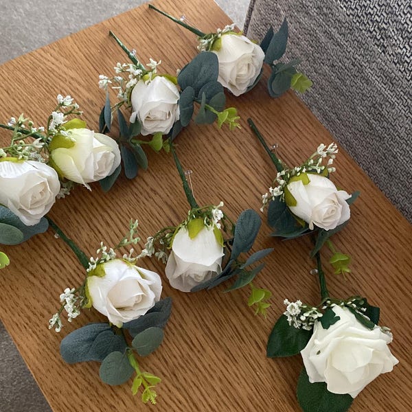 Buttonholes,boutonnières, Artificial Ivory Buttonhole With Eucalyptus ...