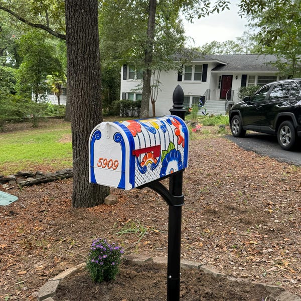 Blue Stripe With Floral Paint Metal Mailbox, White Standard Medium ...