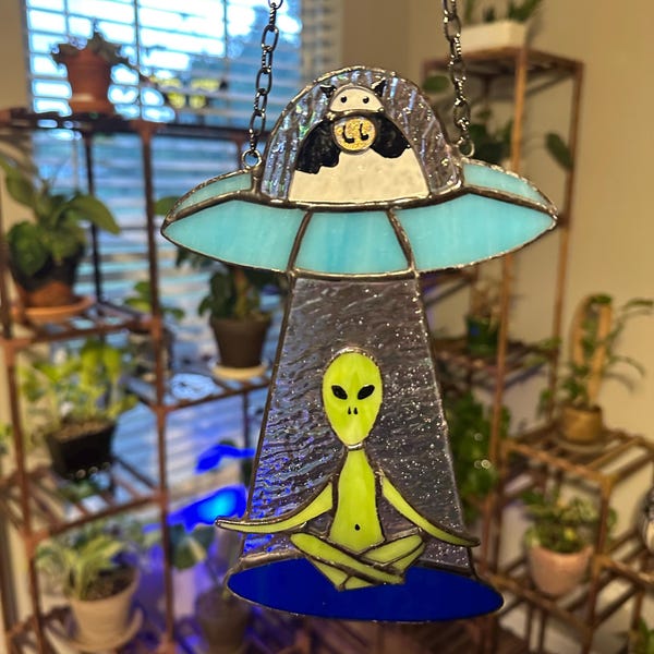 Stained Glass Alien Newcomer Yoga Cow Funny UFO Green Sun Catcher ...