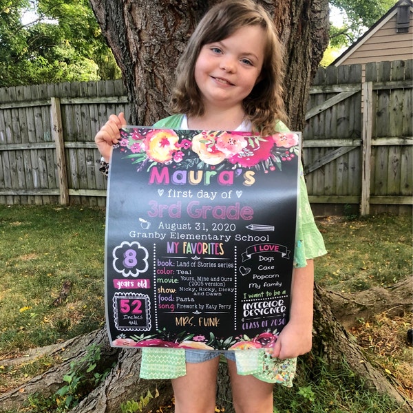 Girl First Day of School Sign, Flower Back to School Sign Chalkboard ...