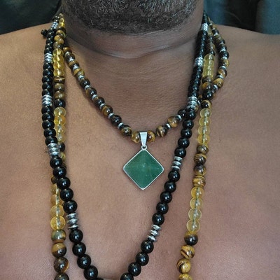 Men's Protection Necklace Big Raw Tiger Eye Pendant Beads Necklace ...