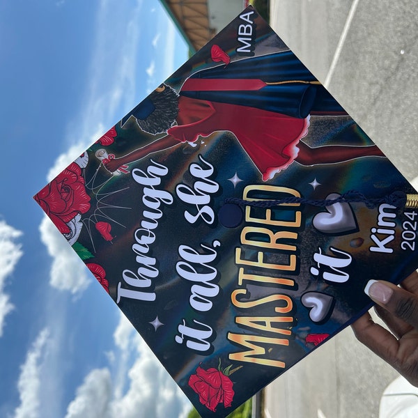 She Mastered It Printed Grad Cap Topper, Custom MBA Grad Cap Decoration ...