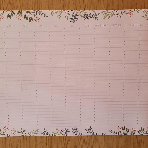 Perpetual Birthday Calendar, Wall Planner Botanical - Leaves Green ...