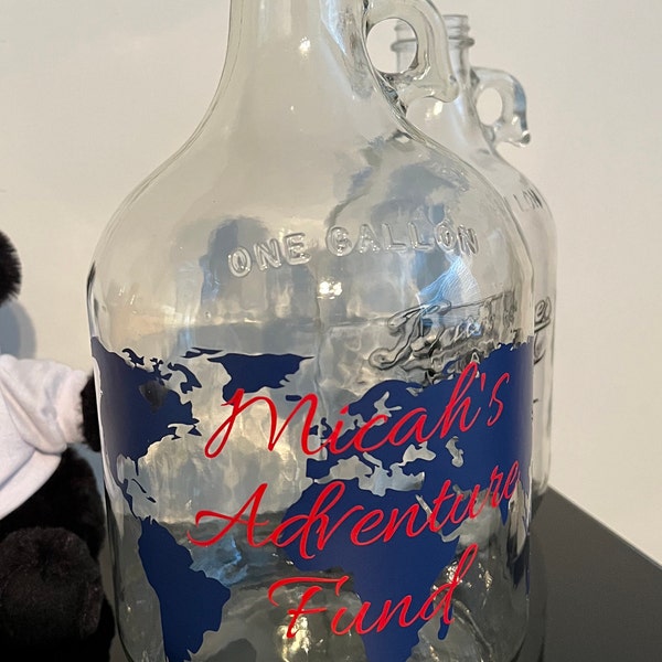 Our Adventure Fund ~ World Map Money Jar Travel Fund - 1 Gallon Glass ...