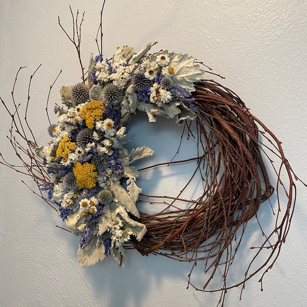German Statice Wreath, Blue Globe Thistle Wreath, Dusty Miller Wreath ...
