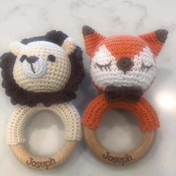 Personalized Animal Crochet Rattle,custom Wooden Baby Rattle,engraved ...
