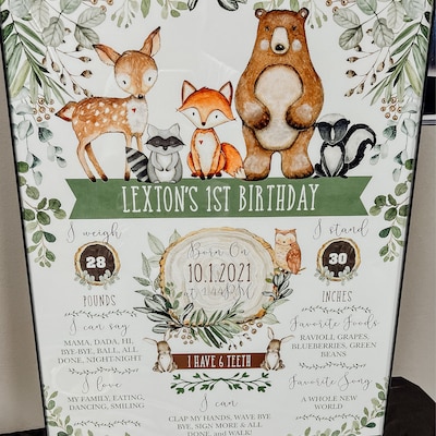 Greenery Woodland Birthday Milestone Poster. Rustic Forest Animals ...