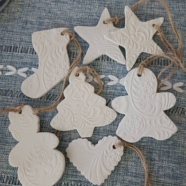 Christmas Design on White Clay Ornaments or Gift Tags, Farmhouse Decor ...