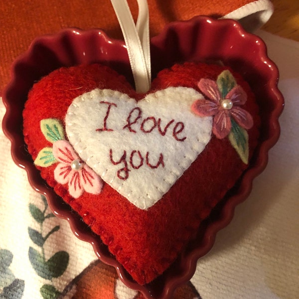 Wool Felt Heart Ornament, Embroidered Valentine Heart, Flowered Felt ...
