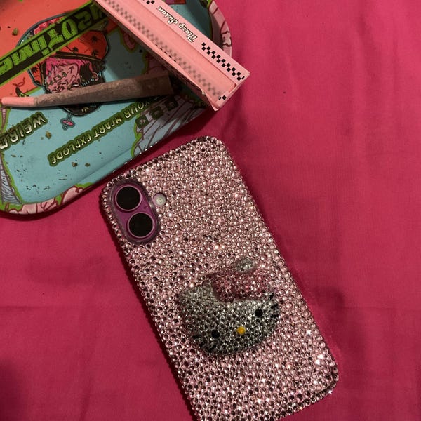 Handmade Blinged Out Glass Rhinestones Pink Bow Kitty Cell Phone Case ...