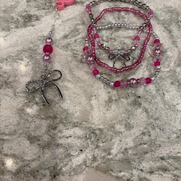 Pink Straw Charm Dangle With Silver Bow Charm - Stanley Cherry Blossom ...