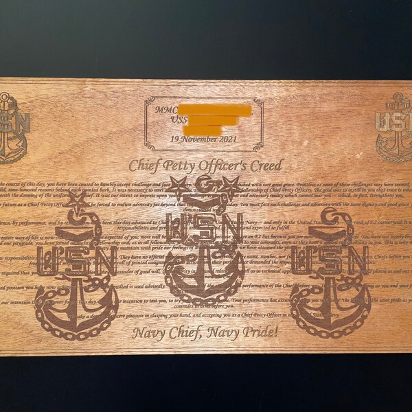 US Navy Chief Petty Officers Creed Plaque CPO Initiation Season ...