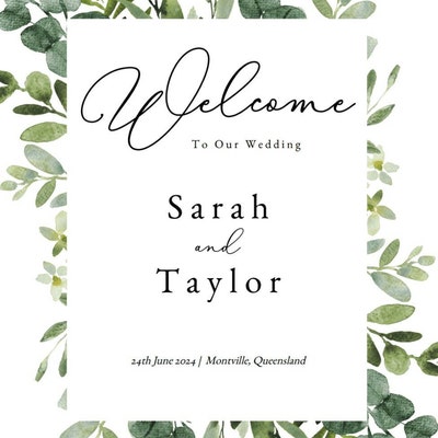 Wedding Welcome Sign, Greenery Welcome Poster, 18x24, 24x36, Edit With ...