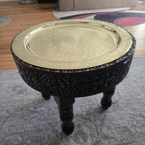 Moroccan Vintage Style Wooden Table, Engraved Copper Tray, Arabian Side ...