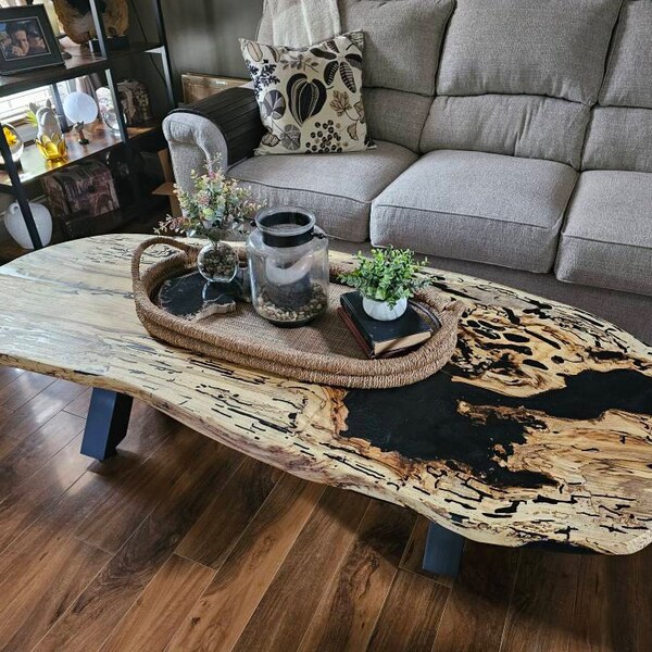 CUSTOM ORDER! Usa-sycamore Coffee Table, Live Edge Slab With Blueblood ...