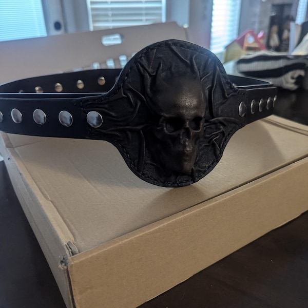 Made to Order-handcrafted Genuine Black Leather Embossed Skull Design ...