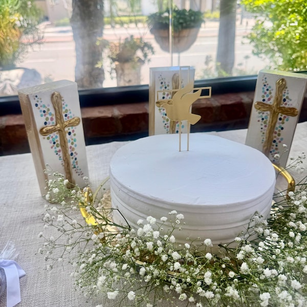 Hand Painted Gold Cross Art Block: Colorful Dots Textured Resin Finish ...