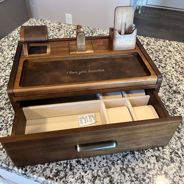 Mens Valet Box With Drawer Bedside Glasses Holder Phone & Watch Stand ...