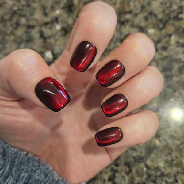 Red Cat Eye Press on Nails: Black Glitter Gel, Reusable Acrylic Nails ...