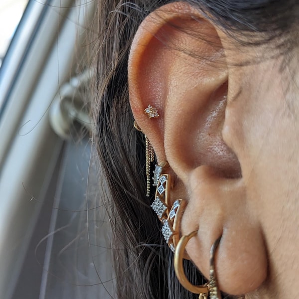 14k Solid Gold Starburst Nose Stud, L Shaped Nose Ring, Gold Nose Pin ...