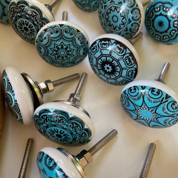 Mandala Turquoise Drawer Knob Mosaic Teal Aqua Ceramic Cabinet Knob ...